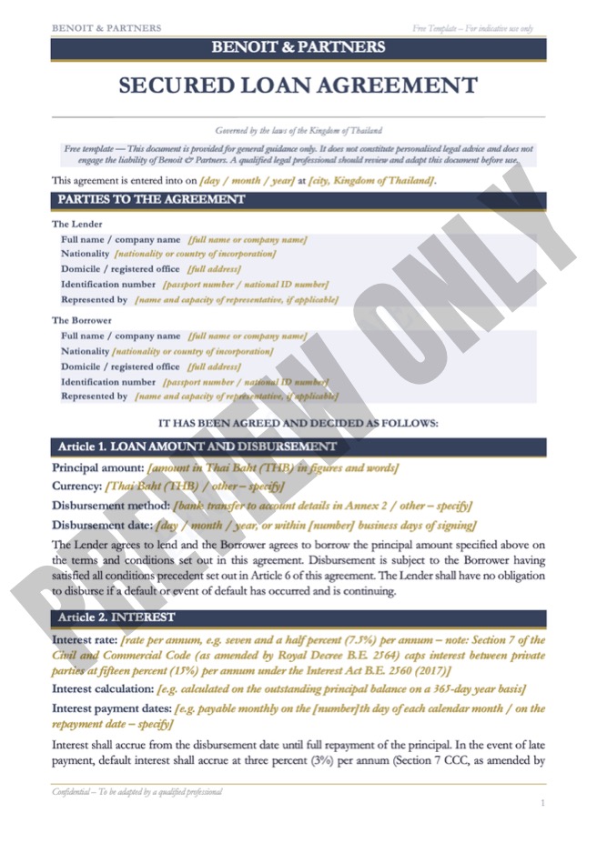 Secured Loan Agreement Thailand – Free Legal Template