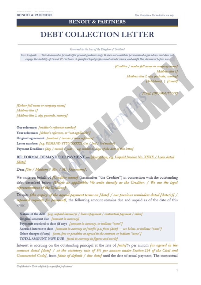 Debt Collection Letter Thailand – Free Legal Notice