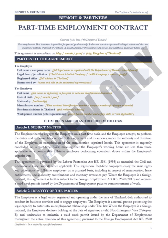 Part-Time Employment Contract Thailand – Free Legal Notice